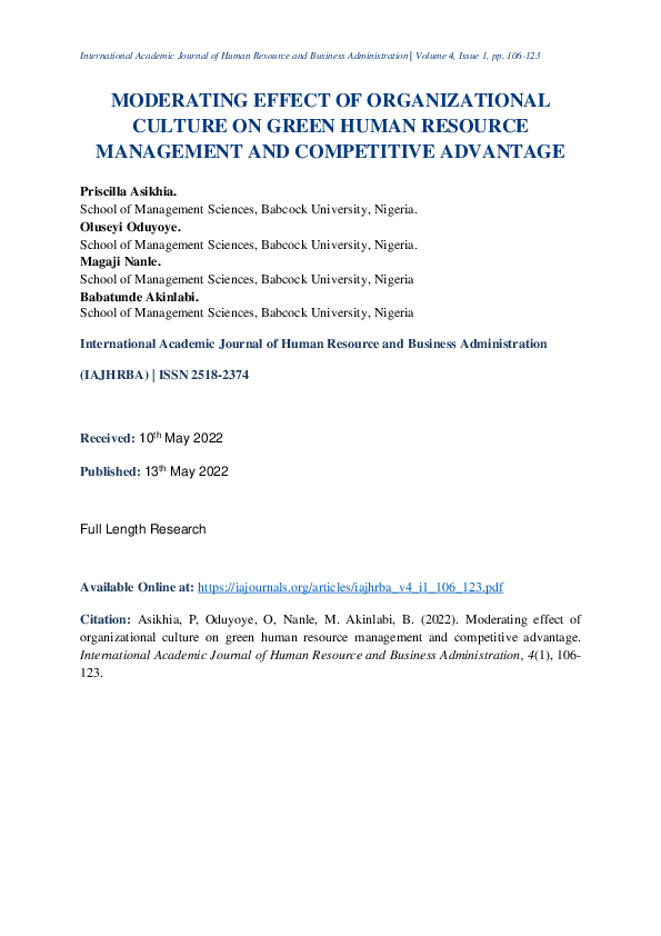 (PDF) MODERATING EFFECT OF ORGANIZATIONAL CULTURE ON GREEN HUMAN ...