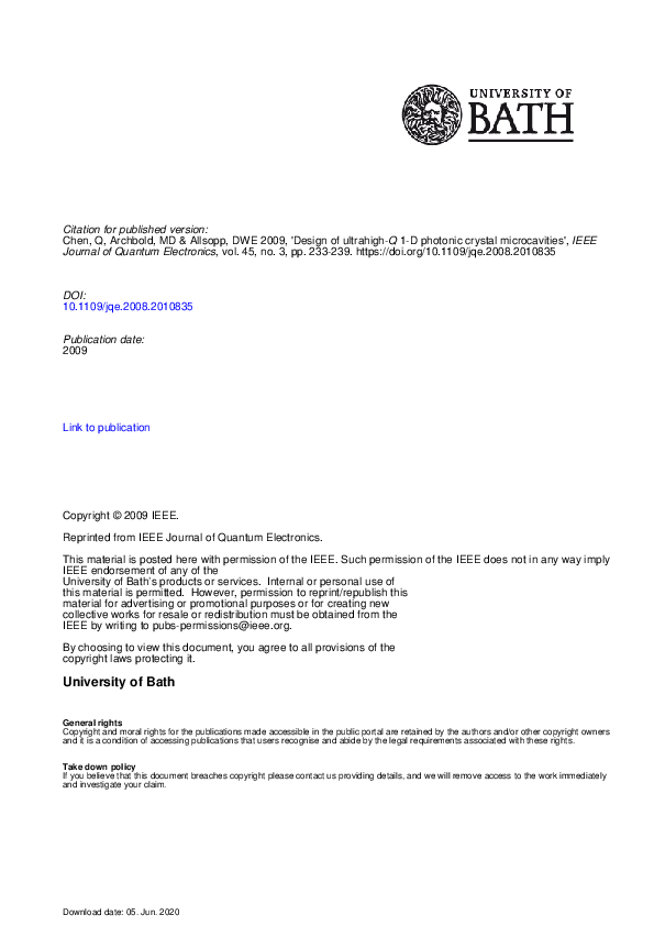 (PDF) Design of Ultrahigh- $Q$ 1-D Photonic Crystal Microcavities