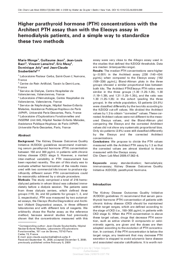 (PDF) Higher parathyroid hormone (PTH) concentrations with the Architect PTH assay than with the ...