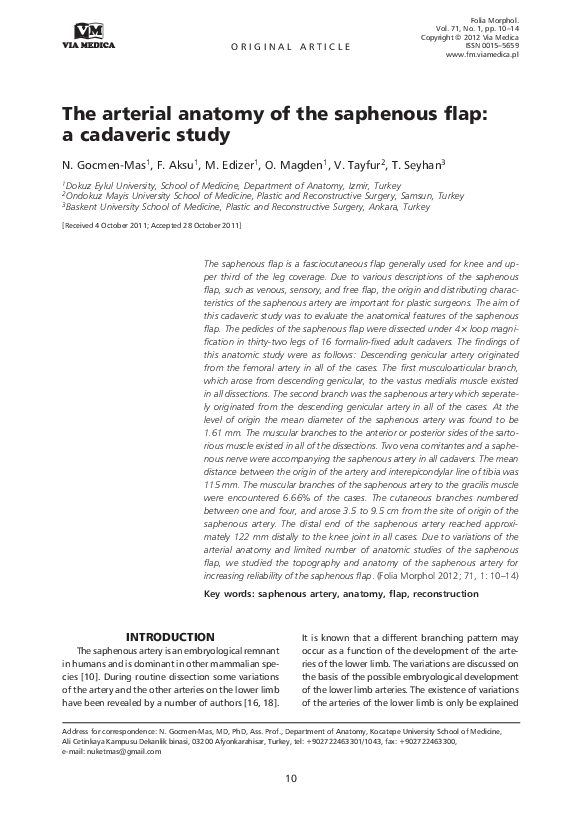 (PDF) The arterial anatomy of the saphenous flap: a cadaveric study