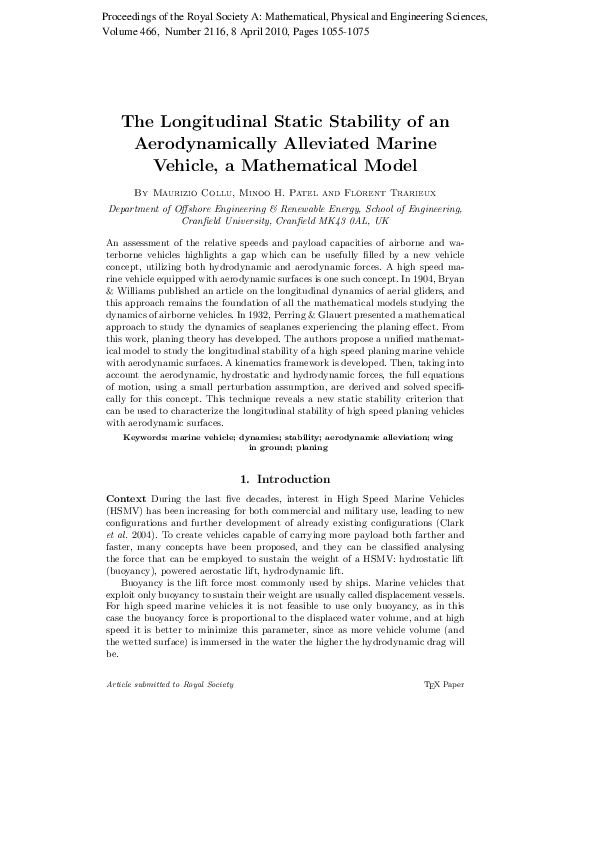 (PDF) The longitudinal static stability of an aerodynamically alleviated marine vehicle, a ...