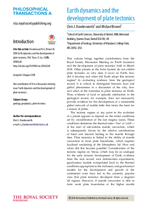 (PDF) Earth dynamics and the development of plate tectonics