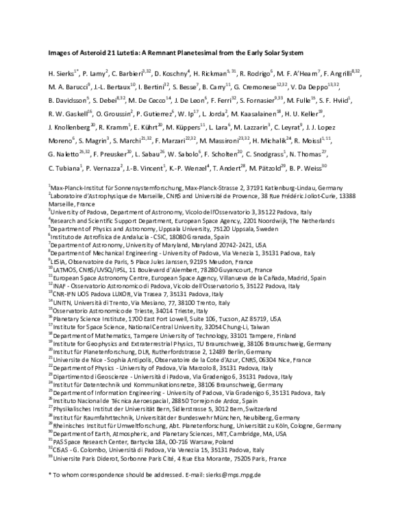 (PDF) Images of Asteroid 21 Lutetia: A Remnant Planetesimal from the ...