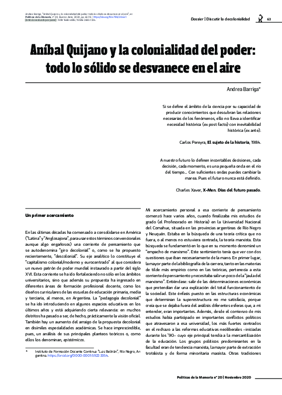 (PDF) Aníbal Quijano y la colonialidad del poder: todo lo sólido se ...