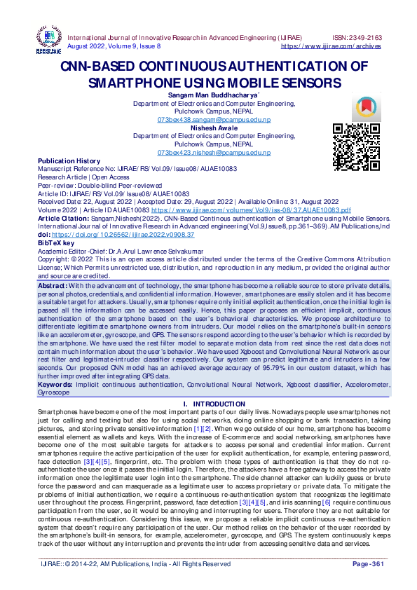 Pdf Cnn Based Continuous Authentication Of Smartphones Using Mobile Sensors Ijirae