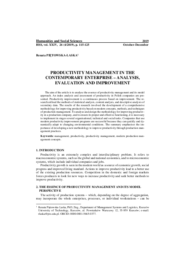 (PDF) Productivity Management in the Contemporary Enterprise – Analysis, Evaluation and Improvement