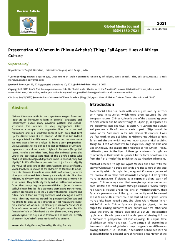 (PDF) Presentation of Women in Chinua Achebe’s Things Fall Apart: Hues ...