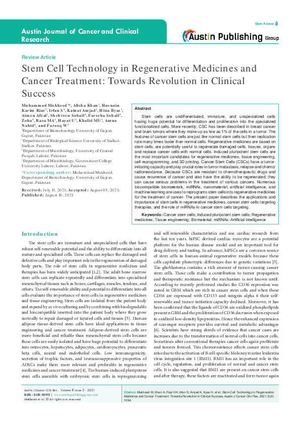 (PDF) Stem Cell Technology in Regenerative Medicine and Cancer Treatment