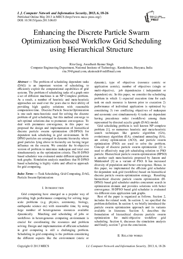 Pdf Enhancing The Discrete Particle Swarm Optimization Based Workflow Grid Scheduling Using 9744