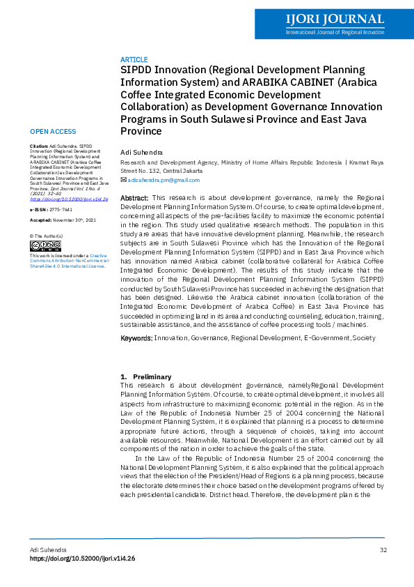 (PDF) SIPDD Innovation (Regional Development Planning Information System) and ARABIKA CABINET ...