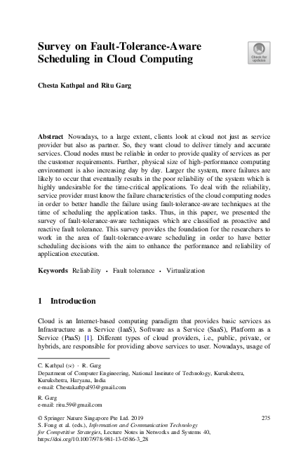 Pdf Survey On Fault Tolerance Aware Scheduling In Cloud Computing