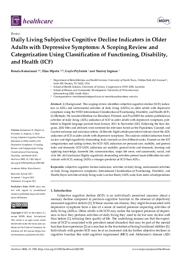 (PDF) Daily Living Subjective Cognitive Decline Indicators in Older ...
