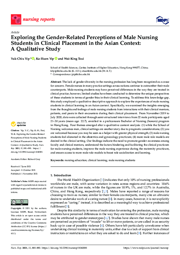 (PDF) Exploring the Gender-Related Perceptions of Male Nursing Students in Clinical Placement in ...