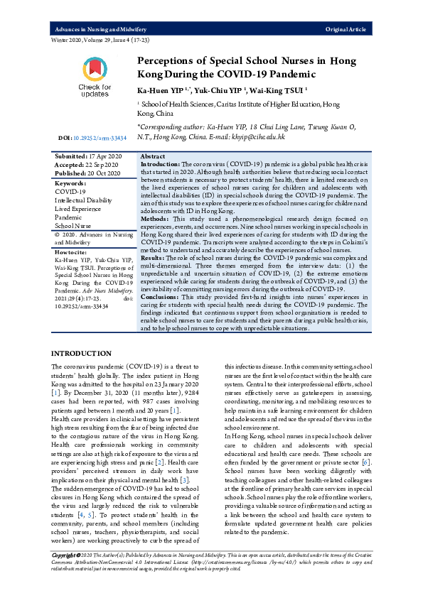 (PDF) Perceptions of Special School Nurses in Hong Kong During the ...