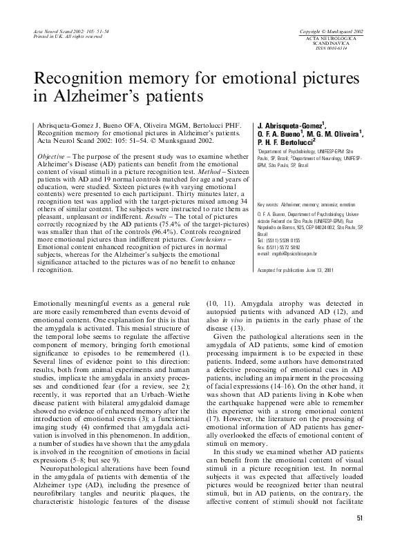 (PDF) Recognition memory for emotional pictures in Alzheimer’s patients | MARIA GABRIELA MENEZES ...