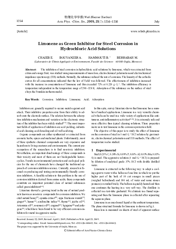 (PDF) Limonene as Green Inhibitor for Steel Corrosion in Hydrochloric ...