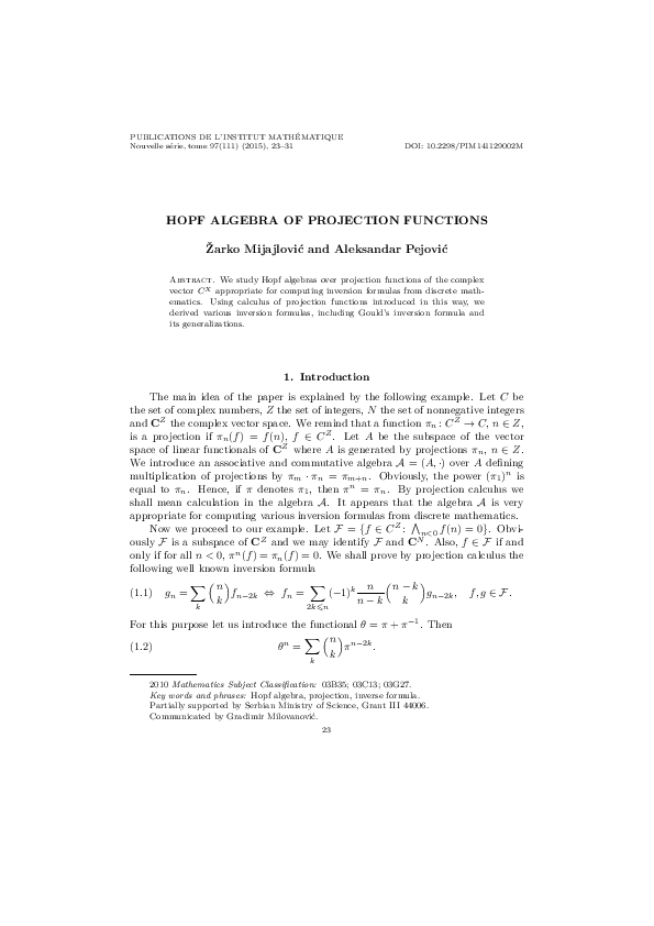 (PDF) Hopf algebra of projection functions