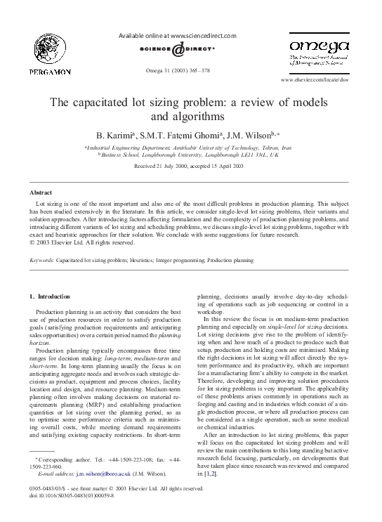 Pdf The Capacitated Lot Sizing Problem A Review Of Models And Algorithms S M T Fatemi