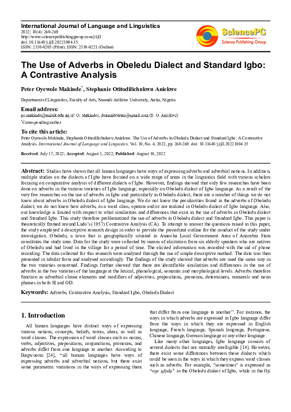 (PDF) The Use of Adverbs in Obeledu Dialect and Standard Igbo: A ...