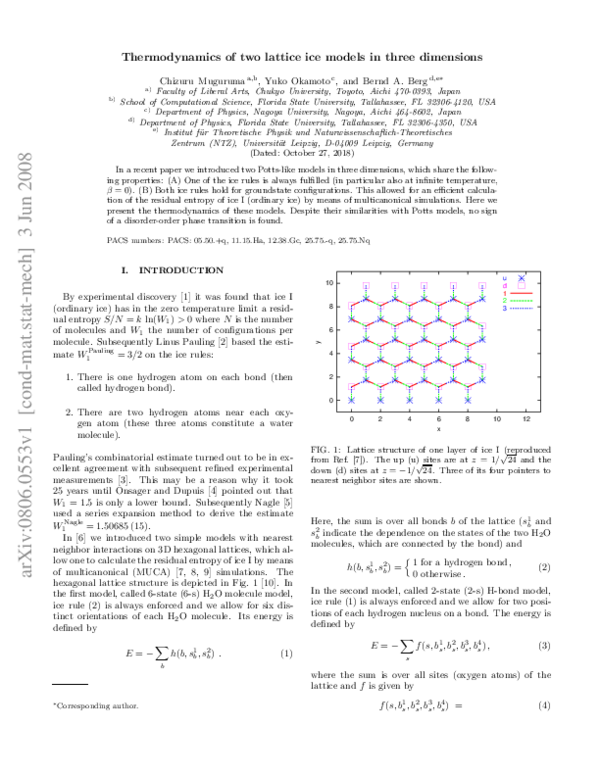 (PDF) Thermodynamics of two lattice ice models in three dimensions | Bernd Berg - Academia.edu