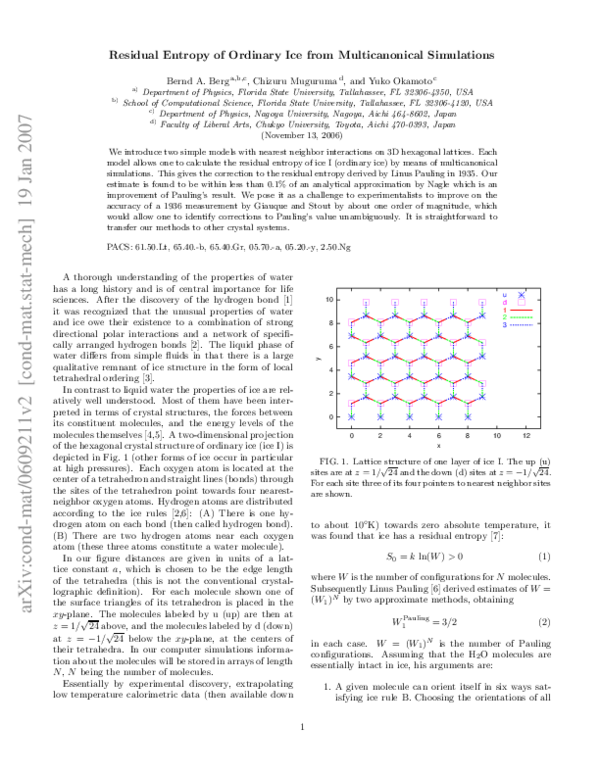 (PDF) Residual entropy of ordinary ice from multicanonical simulations