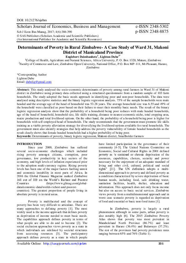 (PDF) Determinants of Poverty in Rural Zimbabwe- A Case Study of Ward ...