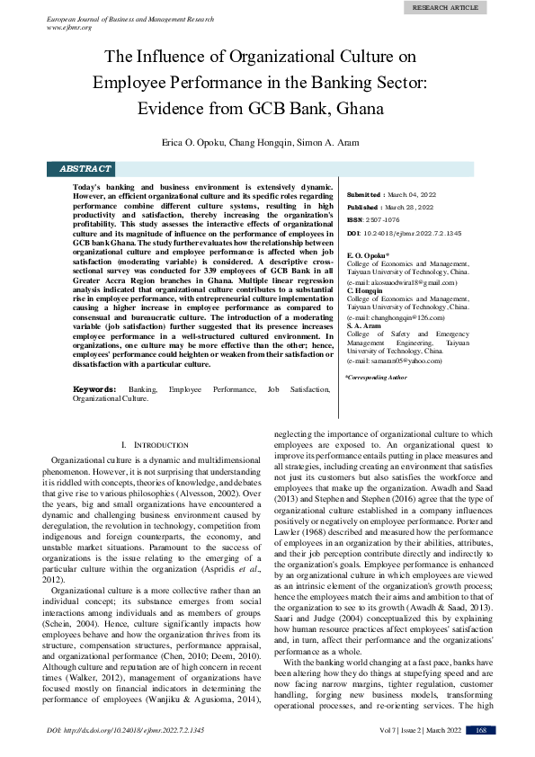 (PDF) The Influence of Organizational Culture on Employee Performance ...