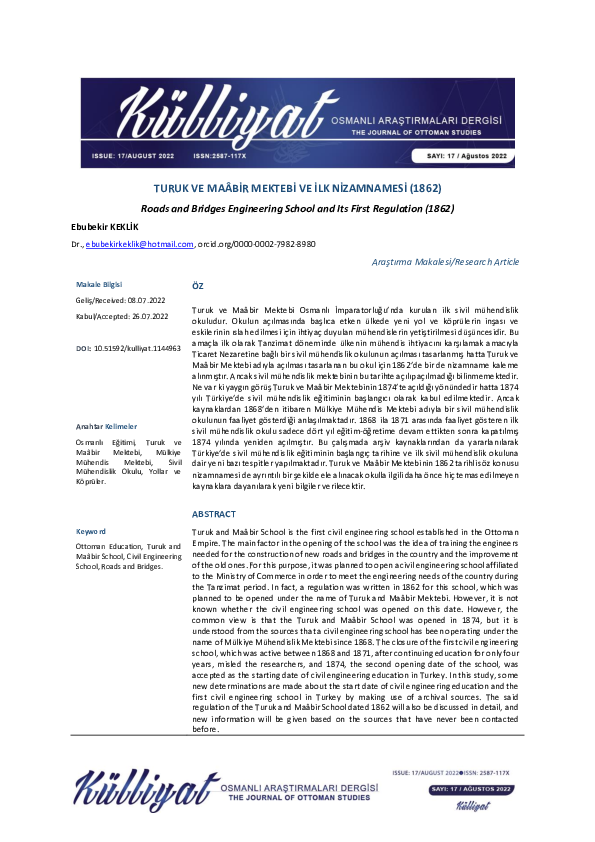 (PDF) "Turuk ve Maâbir Mektebi ve İlk Nizamnamesi (1862)" "[Roads and Bridges Engineering School ...