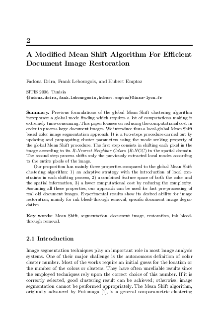 Pdf A Modified Mean Shift Algorithm For Efficient Document Image Restoration Frank Le