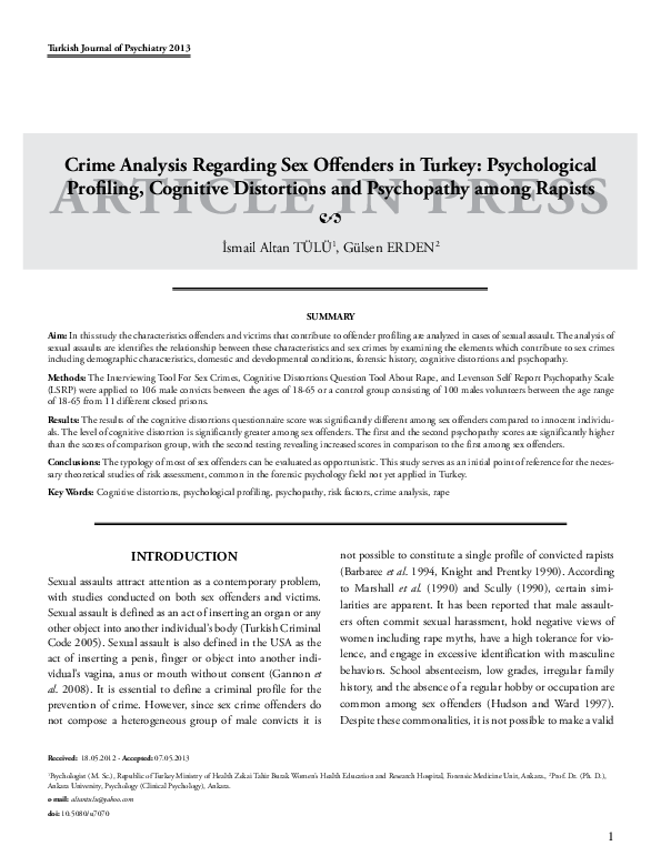 Pdf Crime Analysis About Sex Offenders In Turkey Rapists Psychological Profiling Cognitive