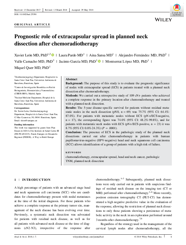 (PDF) Prognostic role of extracapsular spread in planned neck dissection after chemoradiotherapy