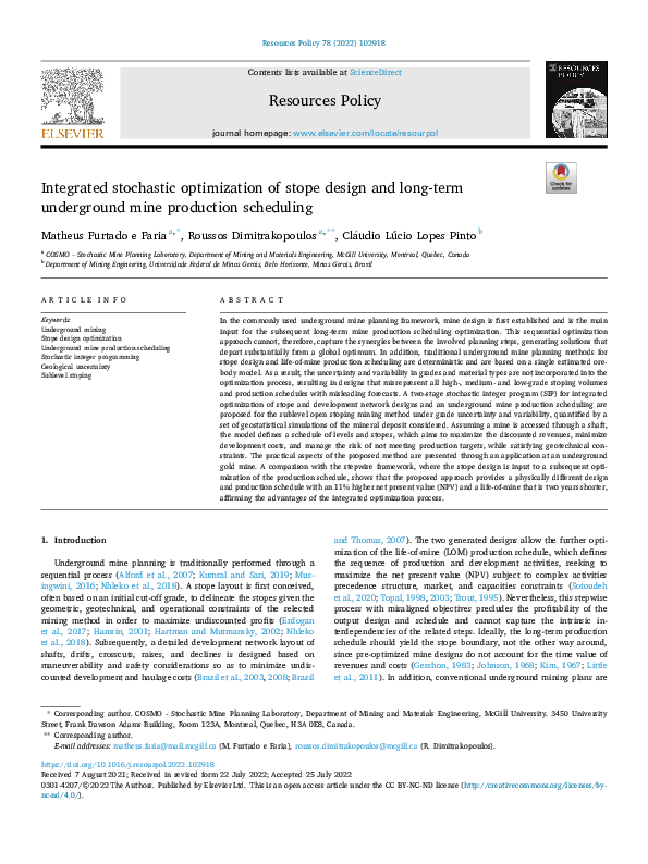 Pdf Integrated Stochastic Optimization Of Stope Design And Long Term