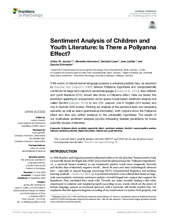 (PDF) Sentiment Analysis of Children and Youth Literature: Is There a ...