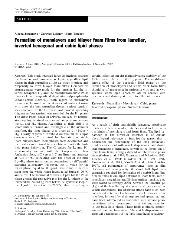 (PDF) Formation of monolayers and bilayer foam films from lamellar, inverted hexagonal and cubic ...