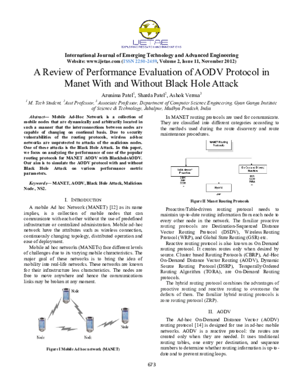 Pdf A Review Of Performance Evaluation Of Aodv Protocol In Manet With And Without Black Hole