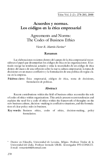 (PDF) Acuerdos y normas. Los códigos en la ética empresarial | Víctor Rafael Martin Fiorino ...