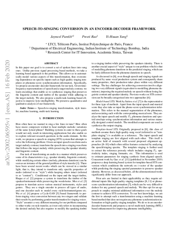 (PDF) Speech-To-Singing Conversion in an Encoder-Decoder Framework