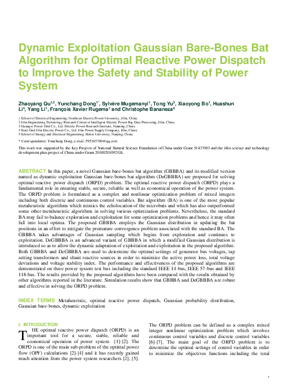 Pdf Dynamic Exploitation Gaussian Bare‐bones Bat Algorithm For Optimal Reactive Power Dispatch