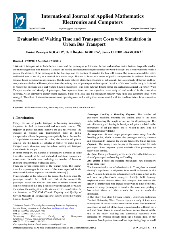 Pdf Evaluation Of Waiting Time And Transport Costs With Simulation In Urban Bus Transport