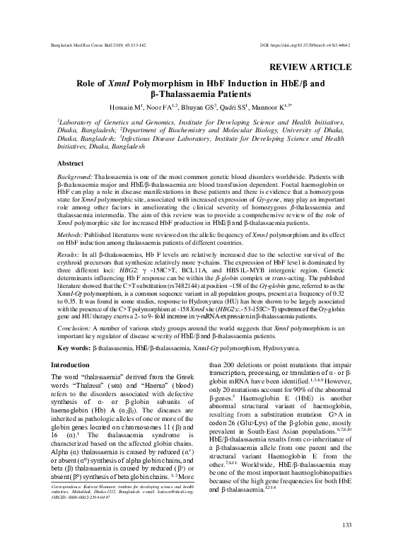 (PDF) Role of XmnI polymorphism in HbF induction in HbE/β and β-thalassaemia patients