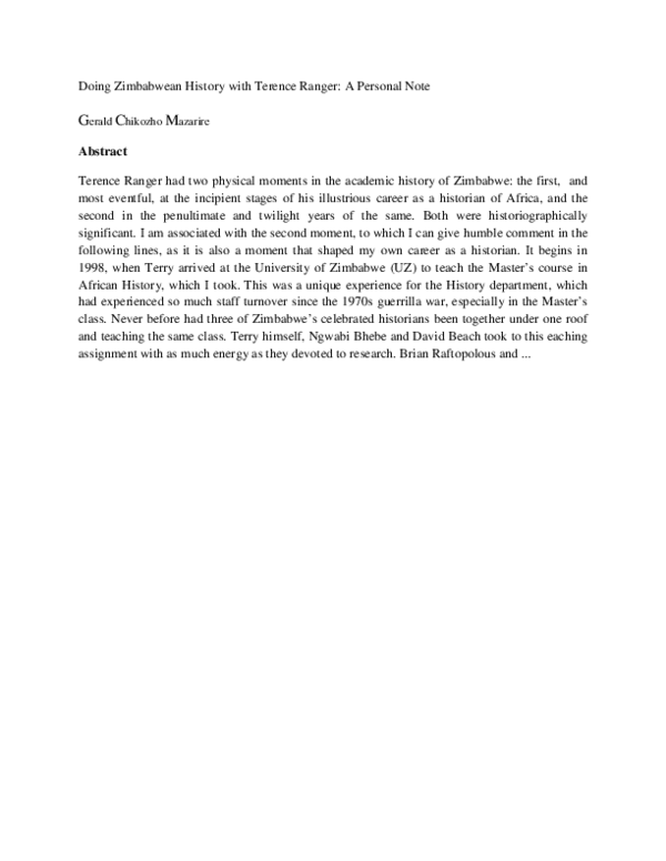 (PDF) Doing Zimbabwean History with Terence Ranger: A Personal Note ...