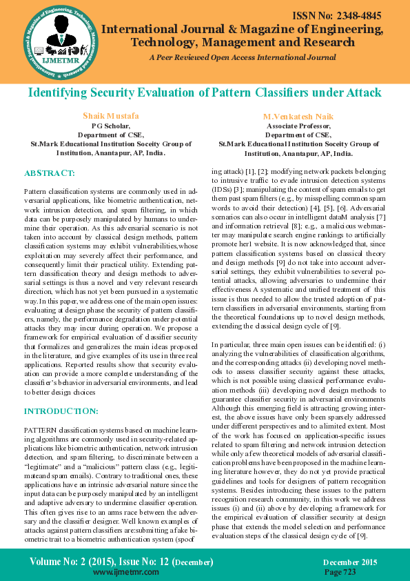 Identifying Security Evaluation Of Patternclassifiers Under Attack