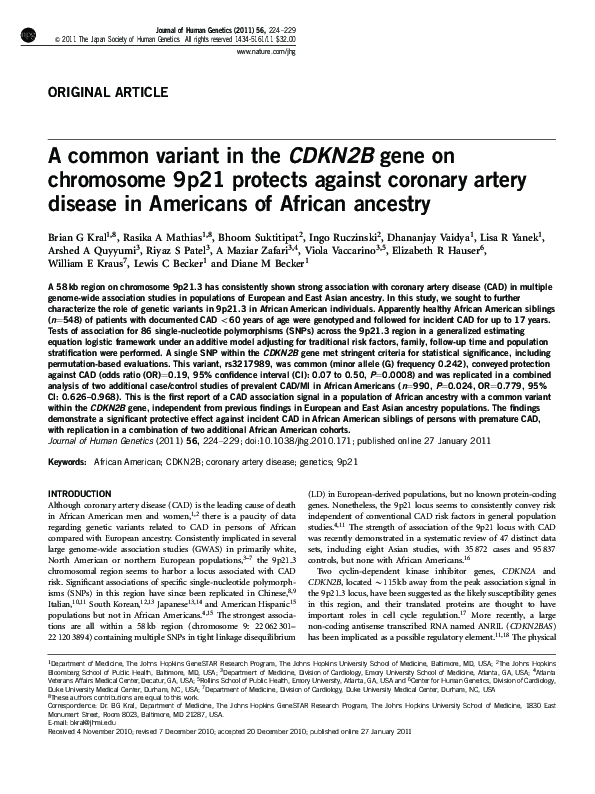 (PDF) A common variant in the CDKN2B gene on chromosome 9p21 protects ...