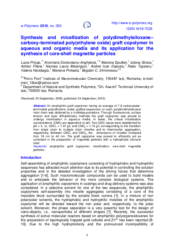 (PDF) Synthesis and micellization of polydimethylsiloxane– carboxy-terminated poly(ethylene ...