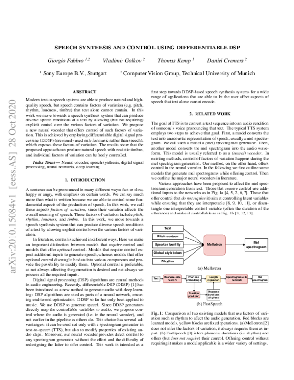 (PDF) Speech Synthesis and Control Using Differentiable DSP