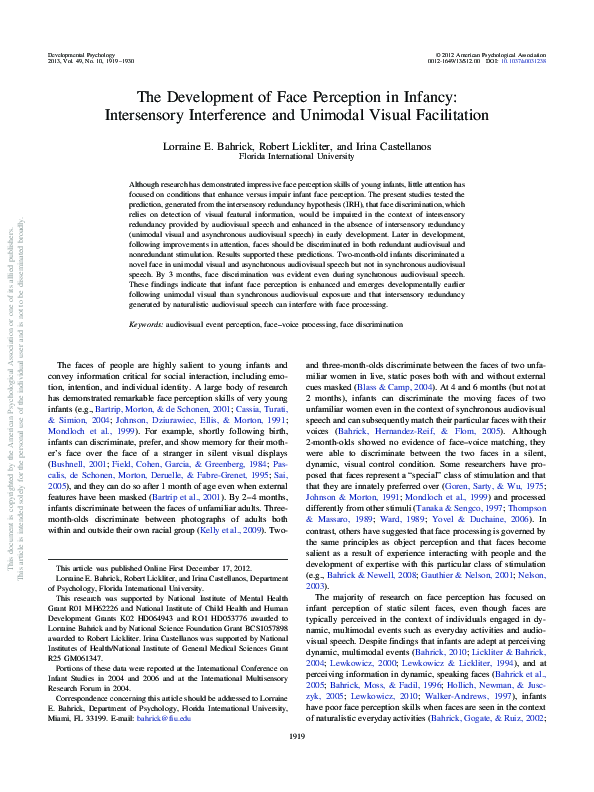 (PDF) The development of face perception in infancy: Intersensory ...