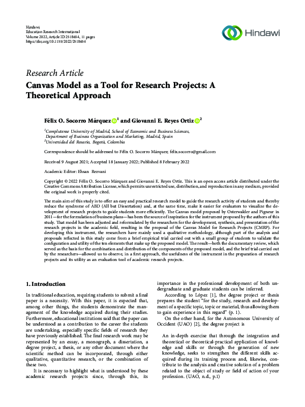 (PDF) Canvas Model as a Tool for Research Projects: A Theoretical Approach