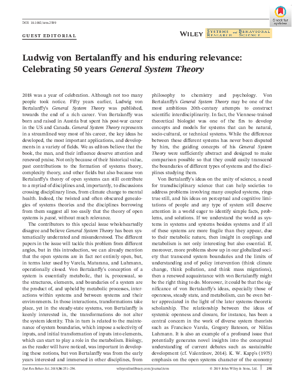 (PDF) Ludwig von Bertalanffy and his enduring relevance: Celebrating 50 ...