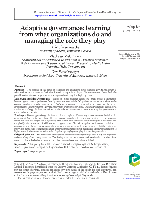 (PDF) Adaptive governance: learning from what organizations do and managing the role they play ...