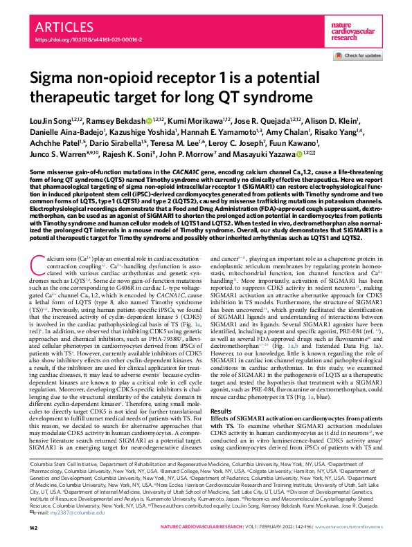 (PDF) Sigma non-opioid receptor 1 is a potential therapeutic target for ...